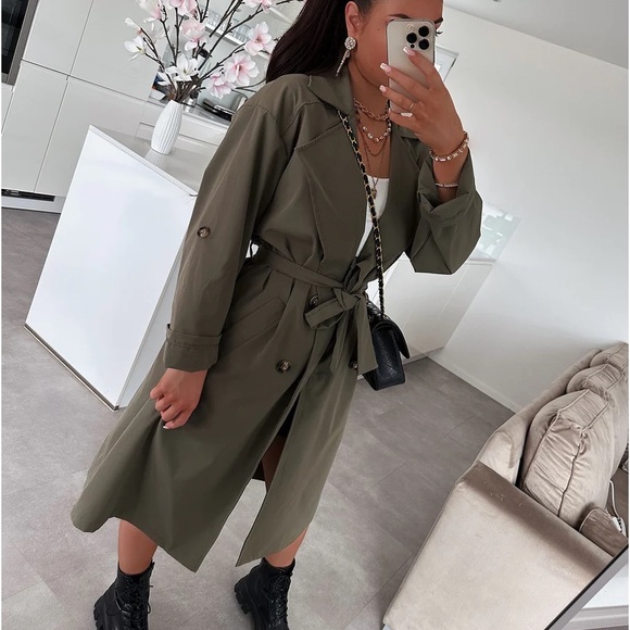 Jackets & Coats | Olive Green Women Belted Midi Trench Coat Long Blazer ...